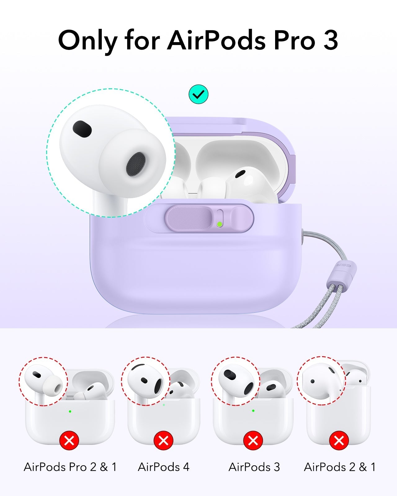 Purple AirPods Pro 3 Wireless MagS Case Cover with Lanyard | ESR Pulse